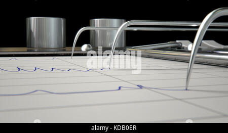 A 3D render of a polygraph lie detector machine drawing red lines on ...