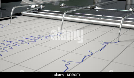 A 3D render of a polygraph lie detector machine drawing red lines on ...