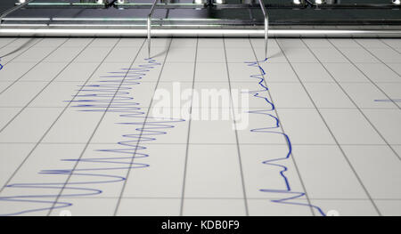 A 3D render of a polygraph lie detector machine drawing red lines on ...