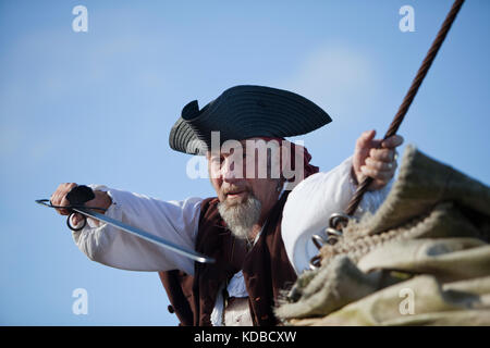 Pirate standing on the bowsprit of old ship with sword drawn in ...