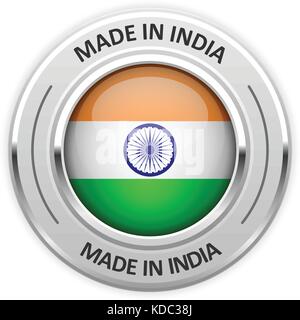 India flag. Round glossy. Silver frame. India flag vector icon ...