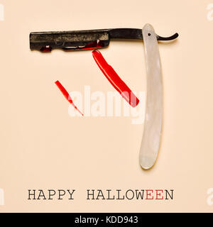an old and rusty straight razor full of blood on an off-white ...