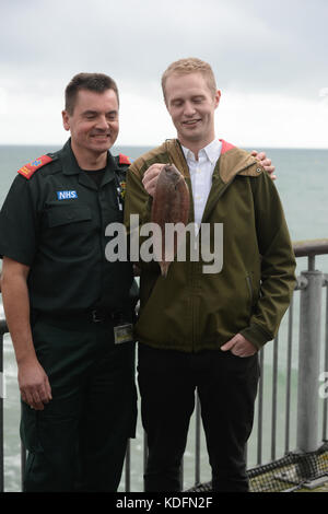 Sam Quilliam at Boscombe pier in Dorset where he was saved by paramedic ...