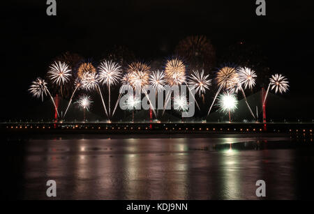 Fireworks over the new Mersey Gateway Bridge, near Runcorn in Cheshire ...