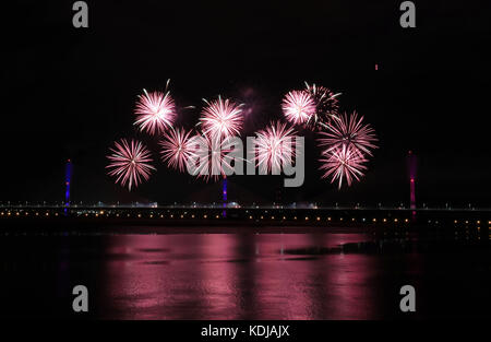 Fireworks over the new Mersey Gateway Bridge, near Runcorn in Cheshire ...