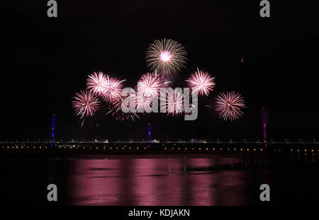 Fireworks over the new Mersey Gateway Bridge, near Runcorn in Cheshire ...