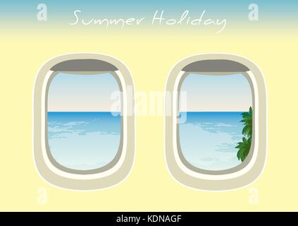 Open airplane window with sea view. Passenger sitting near window ...