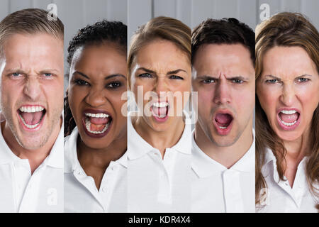 Angry people screaming. The collage of different human facial ...