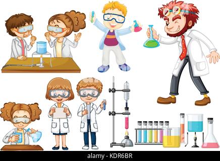 Young students doing science experiment in the classroom scene ...