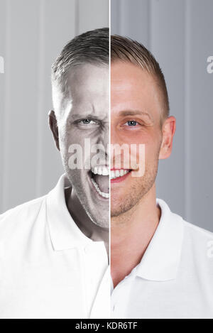 A split image showing a happy face on one side and a sad face on the ...