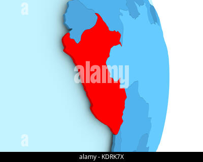 Peru in red on simple grey political globe with visible country borders ...