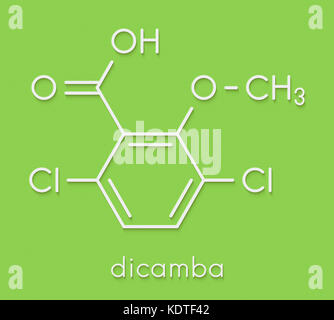 Dicamba herbicide molecule. Used in weed control. Stylized skeletal ...