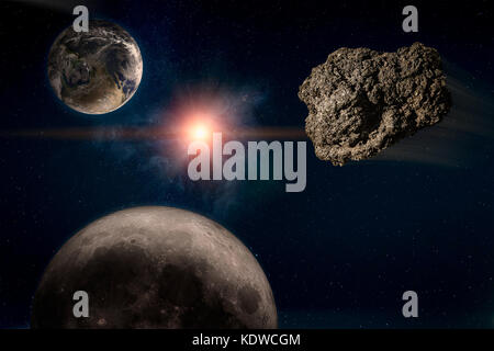 Meteor running in the starry sky, toward the planet Earth, before an ...