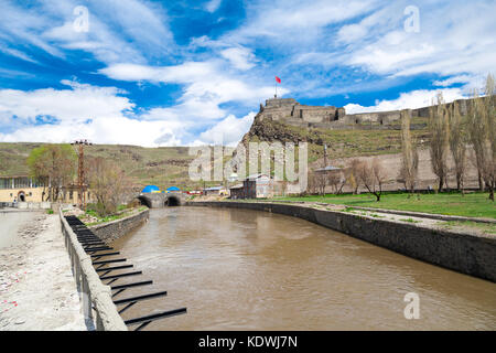 General view of Kars river with the scene of historical Kars Castle on ...