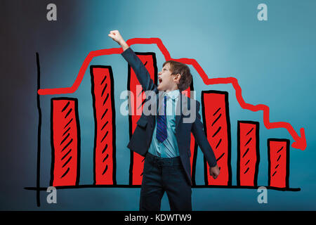 Teen boy businessman raised his hand up in the call and shouting Stock ...