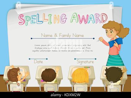 Spelling award certificate template with kids and crayon illustration ...