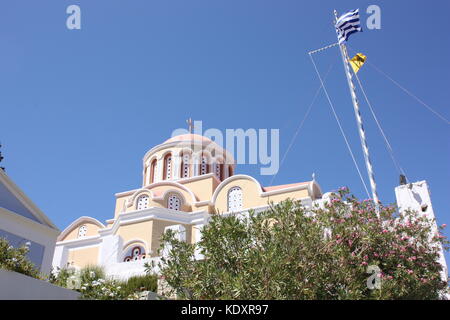 Greek Orthodox Church overlooking Harani Bay, Symi Town, Dodecanese ...