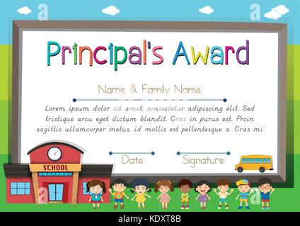 Certificate template with kids and school building illustration Stock ...