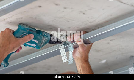Fixing plasterboard sheets to the frame Stock Photo - Alamy