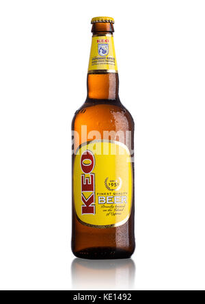 Bottle of KEO beer from Cyprus on a bed of ice over a white background ...