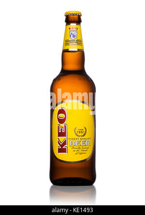 Bottle of KEO beer from Cyprus on a bed of ice over a white background ...