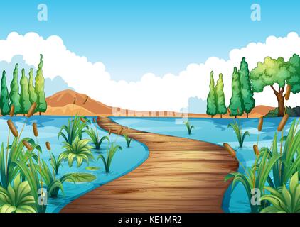 Nature scene with bridge crossing river illustration Stock Vector Image ...