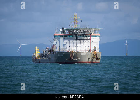 A cable laying vessel working on the Walney Offshore windfarm project ...