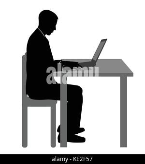 Professional Man Silhouette Working on Laptop at Office Desk Vector ...