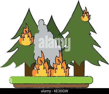 Burning wildfire at night. Fire in forest. Vector cartoon illustration ...