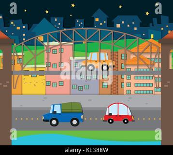 Cars driving night city street, cartoon illustration. Vector design of ...