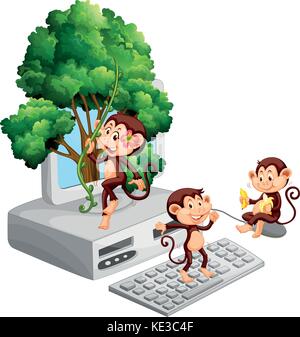Funny monkey climbing banana tree, vector cartoon illustration Stock ...
