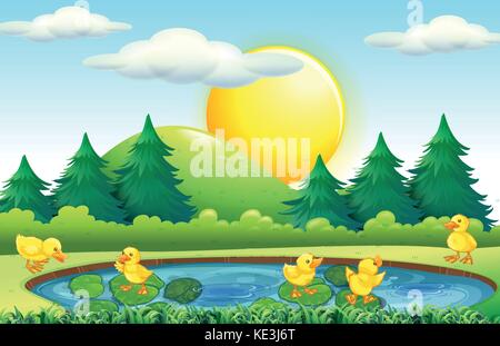 Cute Ducks in the Pond illustration Stock Vector Image & Art - Alamy