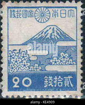 Japanese 20 sen postage stamp depicting Mount Fuji and sakura blossoms ...