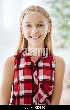 Portrait of good mood pretty girl with bob hairdo wear striped t-shirt ...