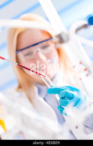 Portrait of young female lab technician engaged in research in chemical ...
