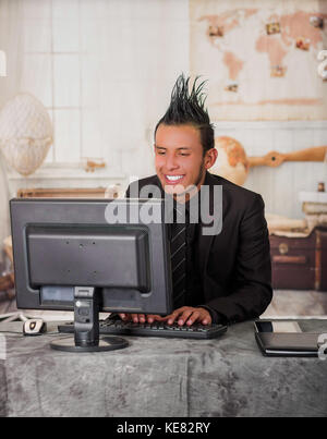 Close up of office punk worker wearing a suit with a crest in a blurred ...