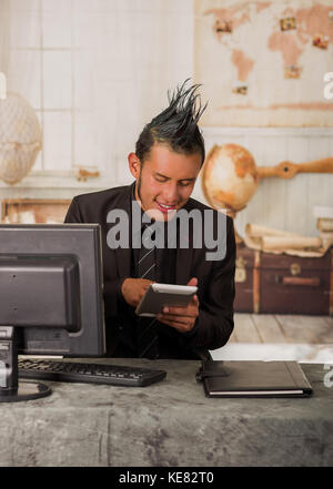 Close up of office punk man, wearing a suit with a crest, with ...