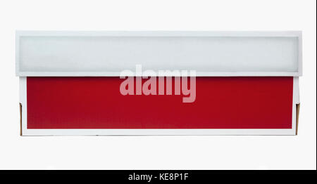 Front view of red and white shoebox with tissue paper. Isolated Stock ...
