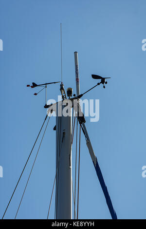 Masthead of sailing yacht showing communications and rigging Stock ...