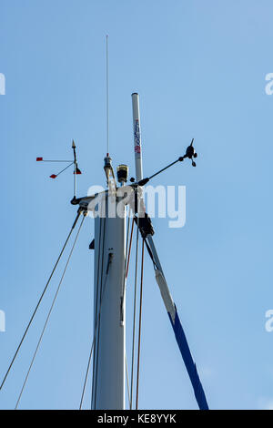 Masthead of sailing yacht showing communications and rigging Stock ...