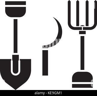 Rural tools,shovel, hayfork, reaping hook line icon concept. Rural ...