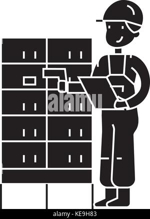 Warehouse worker scanning barcode on cardboard box. Checking bar code ...