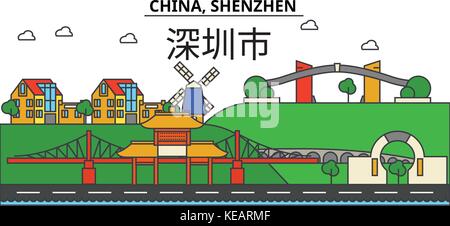 Shenzhen, China Vector Line Icon with Red Ribbon Isolated on White ...