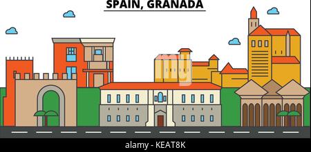 Spain, Granada line travel skyline set. Spain, Granada outline city ...