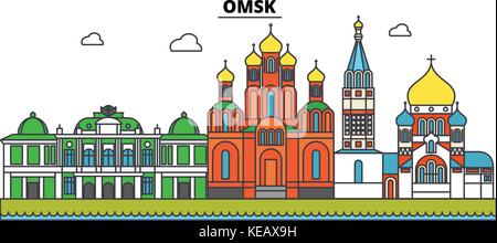 Russia, Omsk flat landmarks vector illustration. Russia, Omsk line city ...
