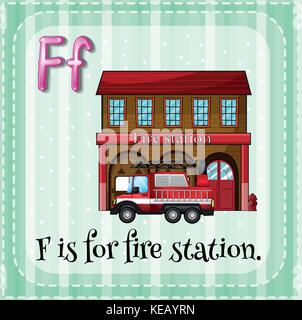 Alphabet card for kids with fire station building. Letter F card vector ...