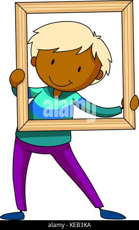 A boy holding wooden picture frame doodle cartoon character ...