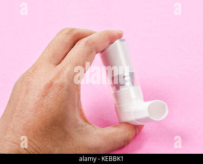 Asthma inhaler on pink background, top view. Space for text Stock Photo ...