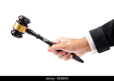wooden gavel in hand isolated on white Stock Photo - Alamy