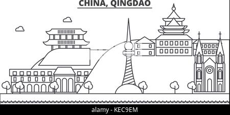 China, Qingdao tourism landmarks, vector city travel illustration Stock ...